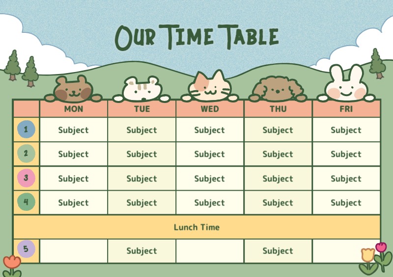 Timetable with cute illustrations in light blue-green colors - 미리캔버스