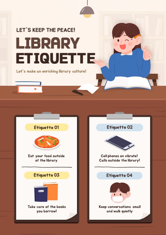 Library etiquette with a cute brown illustration concept - MiriCanvas