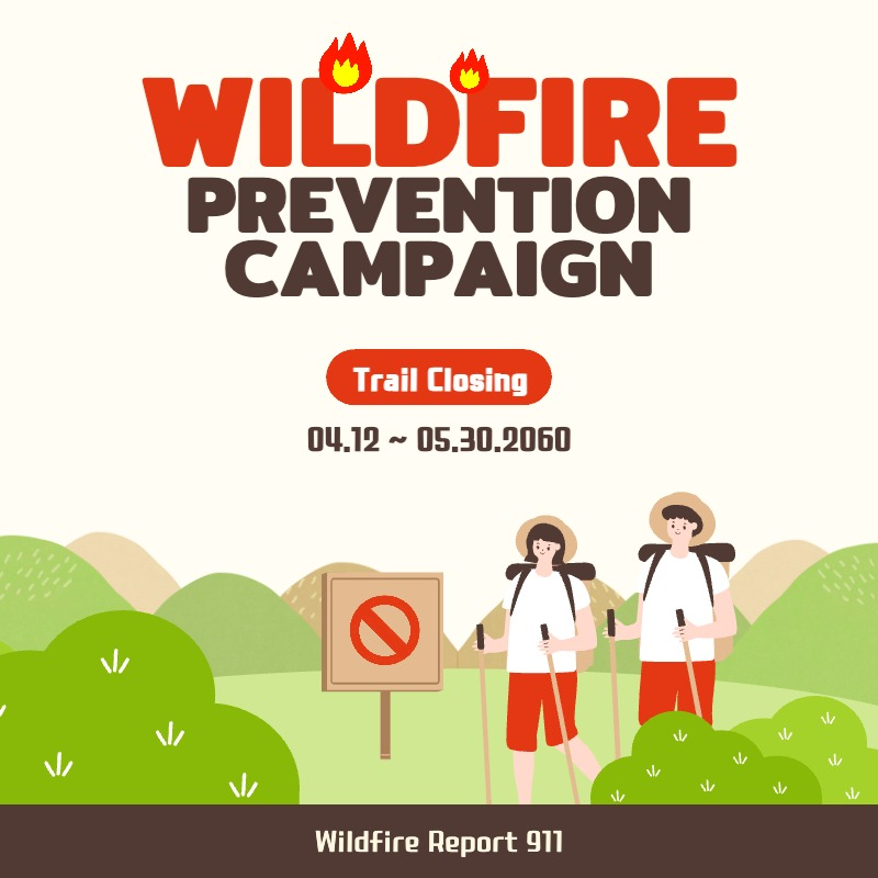Cute illustrated wildfire prevention notice with red accents - MiriCanvas