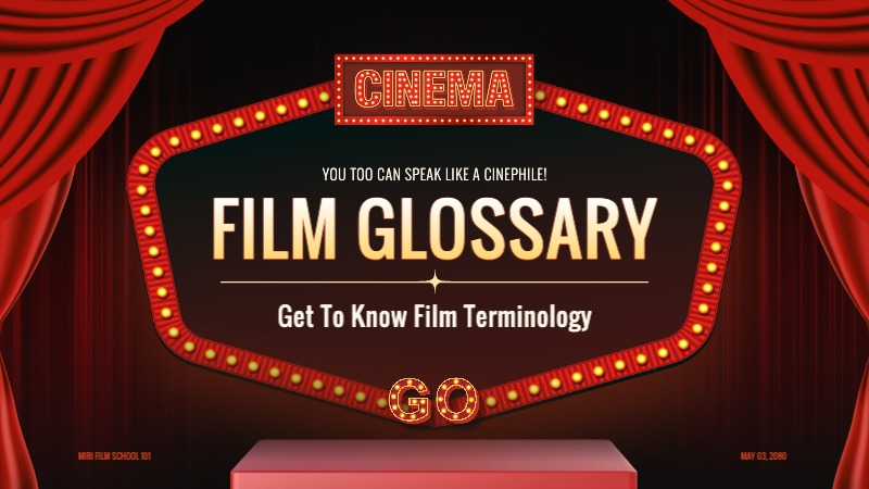 Introducing movie lingo with red signs and colorful theater stage ...