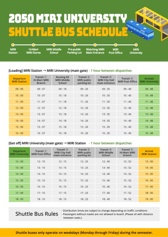 Announcement of basic university shuttle bus schedules in light green ...