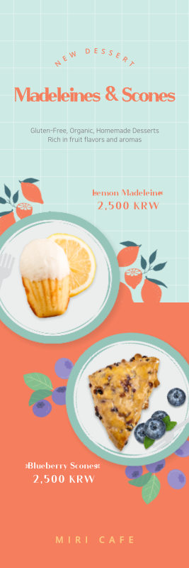 Madeleine scone dessert menu, highlighted by light blue and orange ...