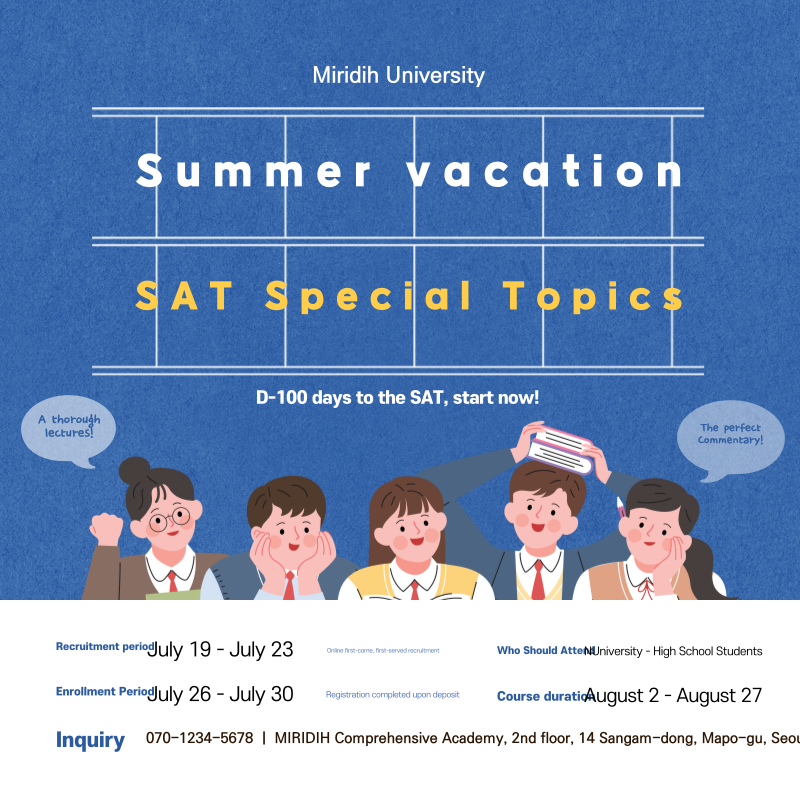 A square banner with a blue illustration to promote a summer SAT prep ...