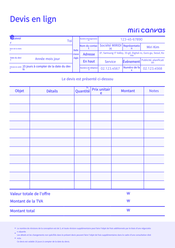 Devis en ligne bleu Modèle de document commercial pré-canvas - MiriCanvas