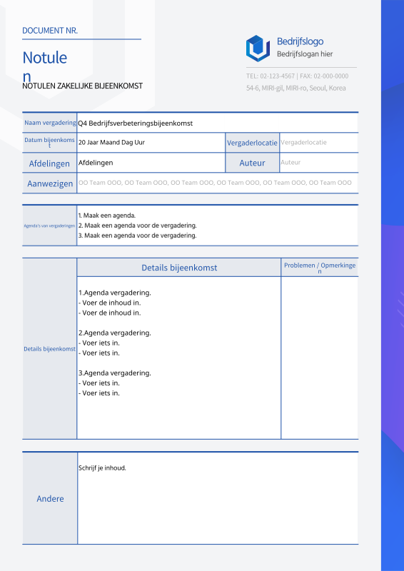 Eenvoudige notulen van een zakelijke vergadering met een blauw en grijs ...