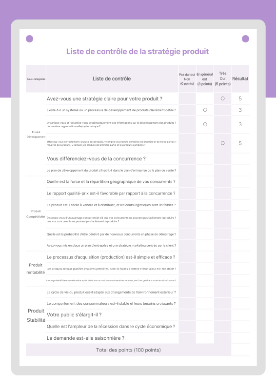 Stratégie de produit Liste de contrôle en violet Développement de ...
