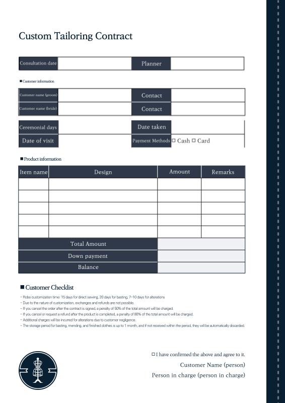 A clean and simple wedding dress contract document in navy blue. - 미리캔버스