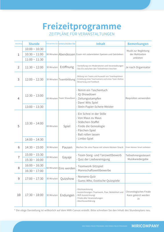 Einfaches Freizeitprogramm Veranstaltungsplan Dokumentformat in hellblau - MiriCanvas