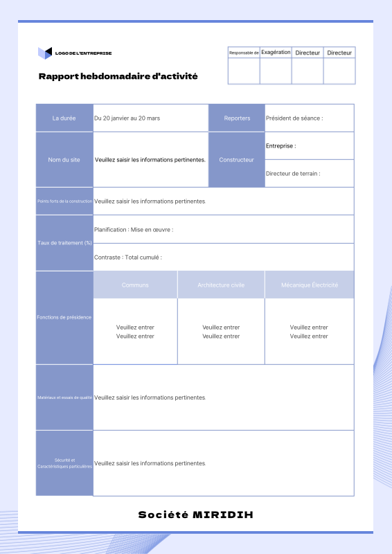 Modèle de rapport de travail hebdomadaire pour le bureau de l ...