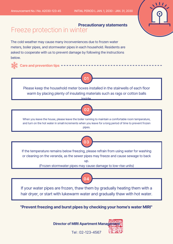 A simple, pastel-colored winter freeze prevention notice - MiriCanvas