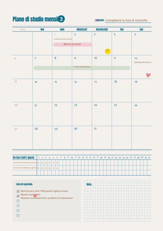 Piano di studio mensile in turchese e marrone - MiriCanvas