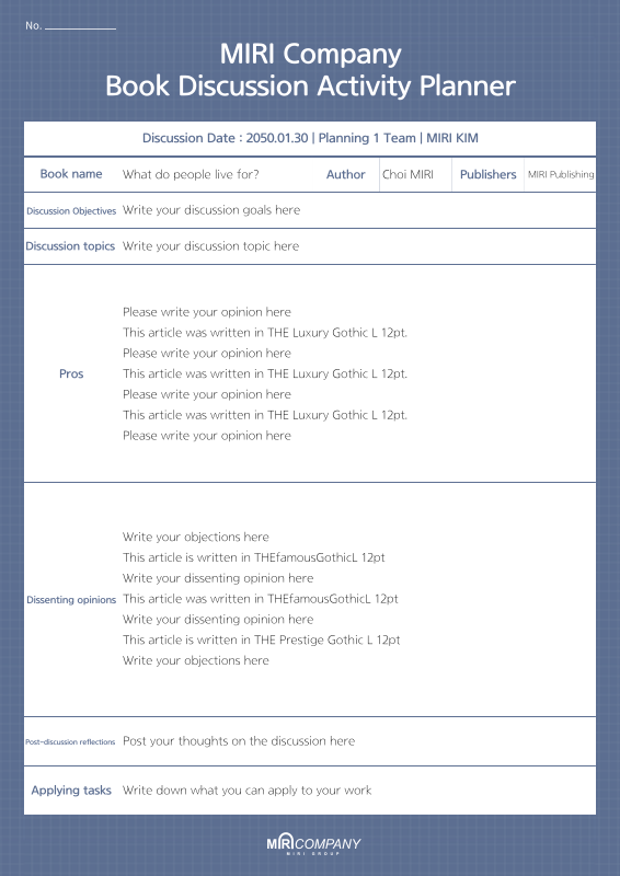 Book discussion activity plan with a grid in calming blue tones ...