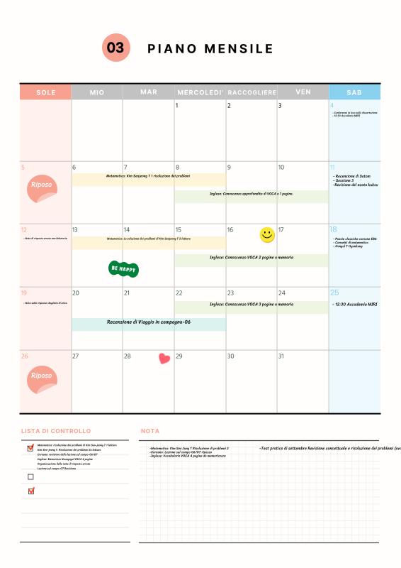 Modello di documento di piano di studio mensile con simpatici elementi ...