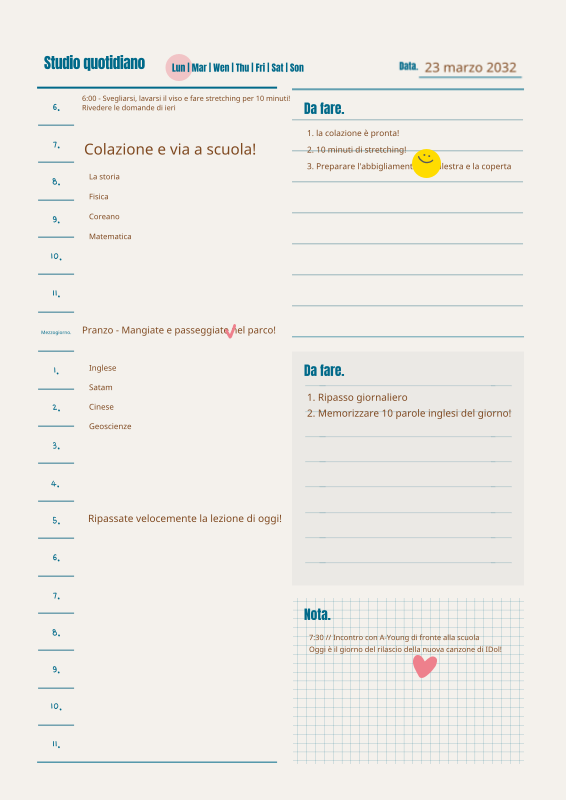 Formattazione del documento del piano di studio giornaliero in verde e ...