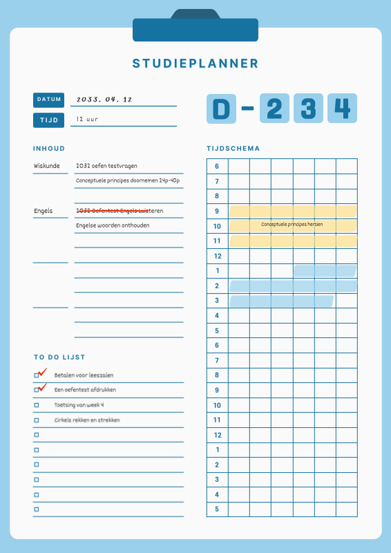 Blauwe schone en eenvoudige studieplanner doc sjabloon - 미리캔버스