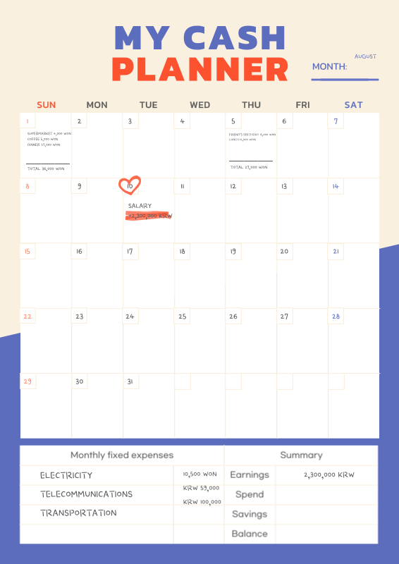 Simple monthly spending list organizer with blue and red titles ...