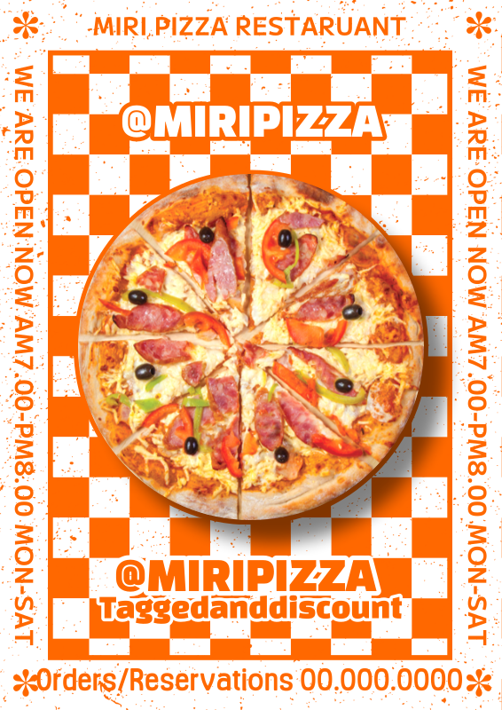 Orange and white checkerboard pizza menu poster - 미리캔버스