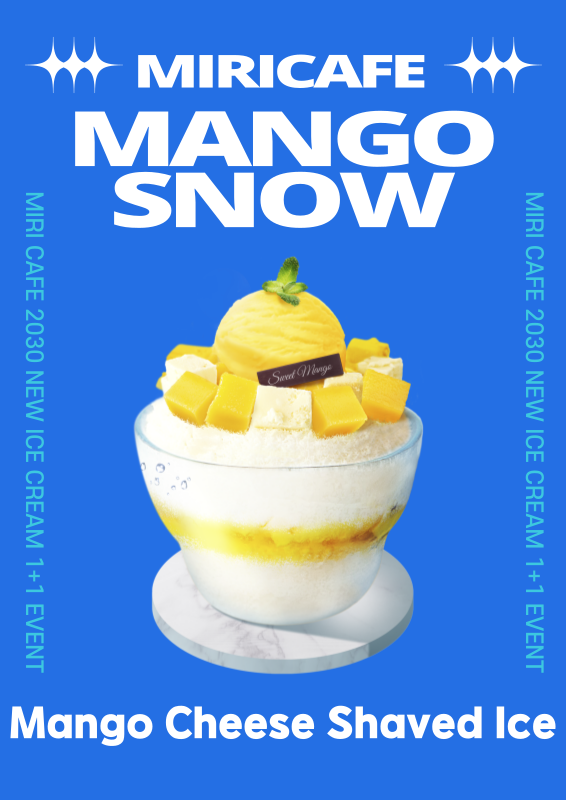 Promotional content for the new shaved ice menu with a simple blue ...