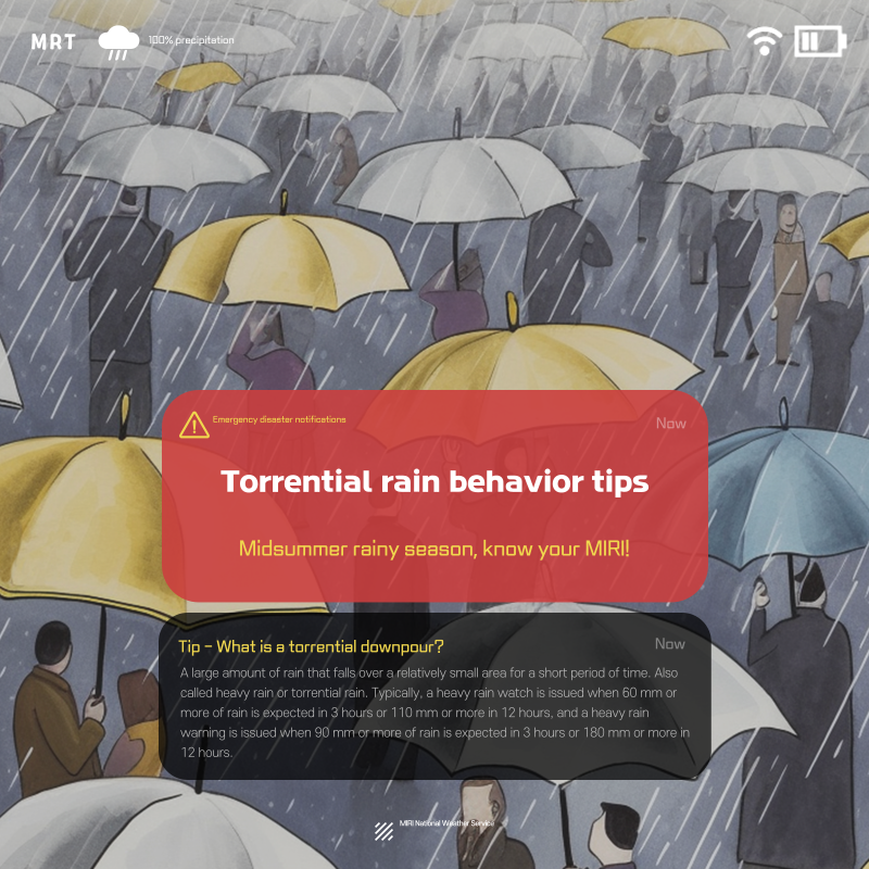 A trendy red and blue disaster texting concept for heavy rain warnings. - MiriCanvas