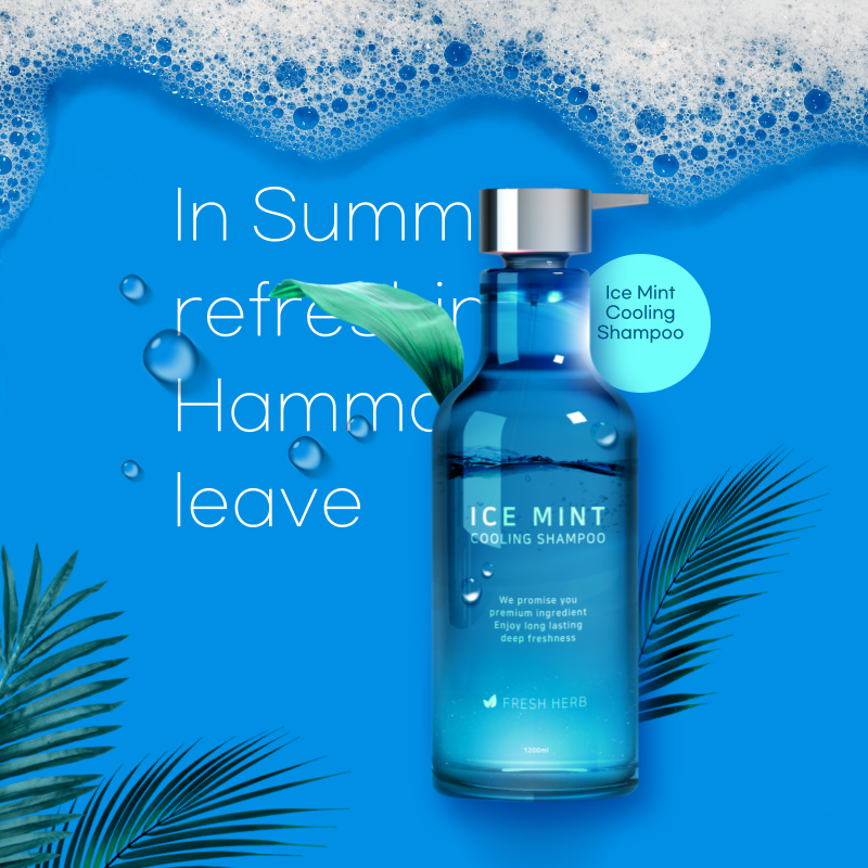 Promote a summer cooling shampoo with a blue-mint color scheme that ...