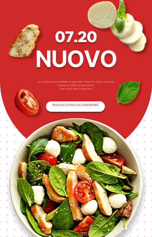 Promuovere un nuovo menu di insalate con uno sfondo a punti bianchi e ...