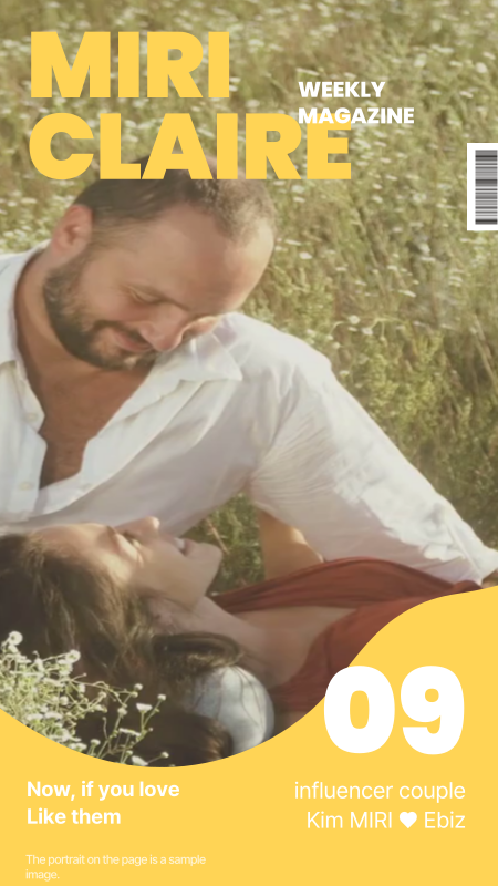 A warm concept magazine cover with couples looking lovingly at each other on a yellow background ...