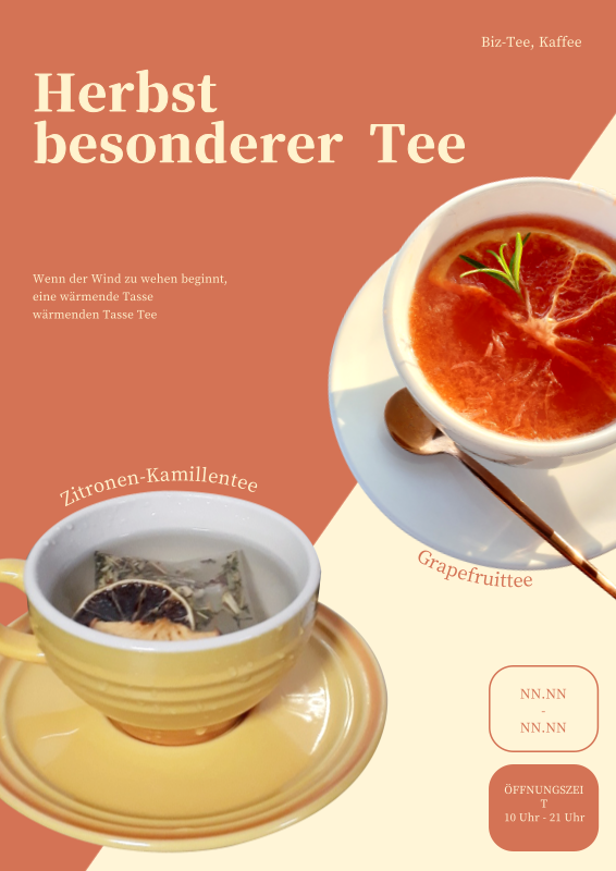 Herbsttee-Poster mit Fotos von zwei Menüs auf geteiltem Hintergrund - 미리캔버스