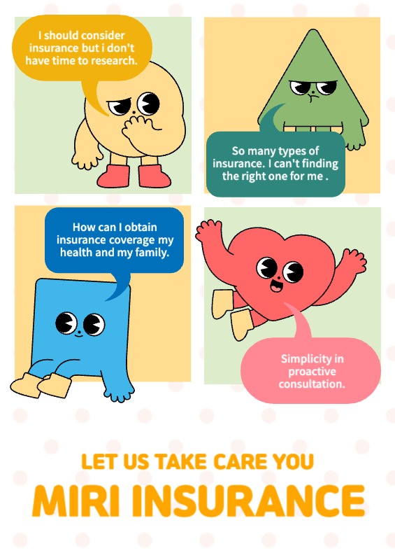 Insurance promotion with cute characters on a dot-patterned background ...