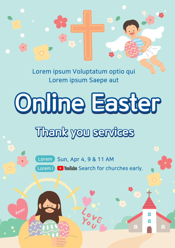 Blue illustration cute church Easter online service announcement ...