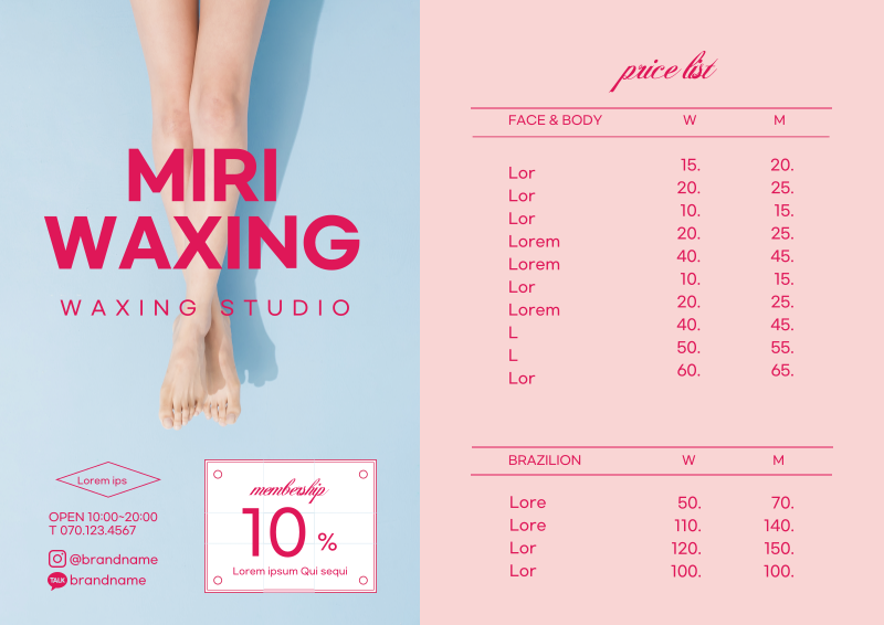 Clean waxing shop menu with pink photo highlighting - MiriCanvas