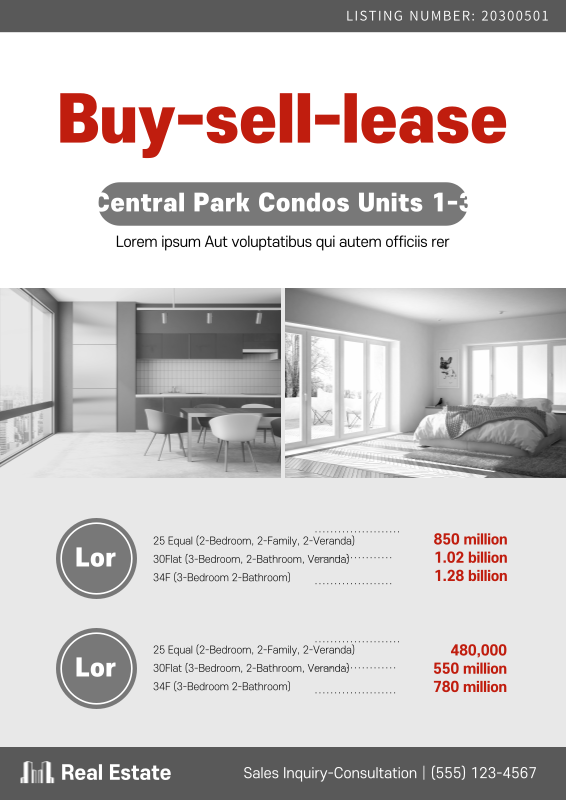 Real estate apartment sales ad document in gray and red colors - MiriCanvas