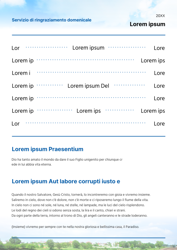 Una semplice guida per il bollettino del servizio di ringraziamento domenicale in bianco e blu ...