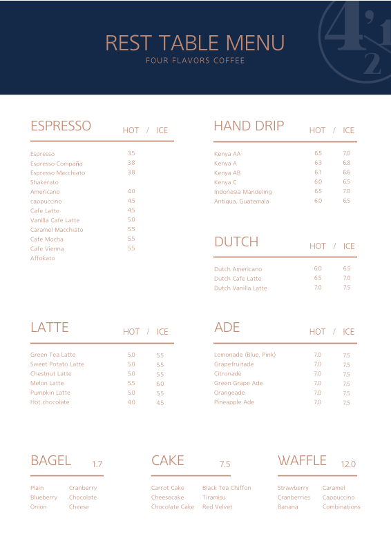 A classy, clean cafe menu with a navy blue and gold store name and logo ...