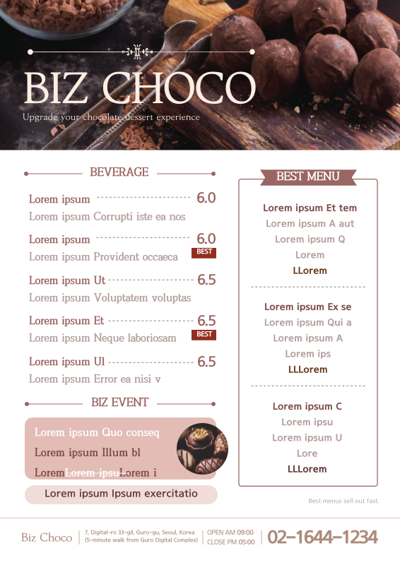Choco cafe menu with a picture of pink chocolates - MiriCanvas
