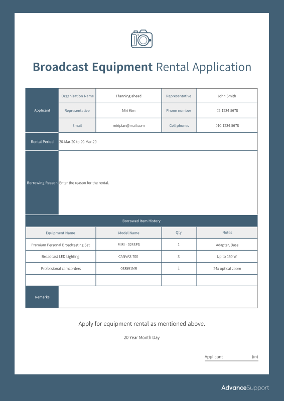 A simple broadcast equipment rental application in a dark navy color ...