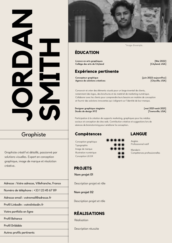 Curriculum vitae de graphiste tendance noir et beige - MiriCanvas