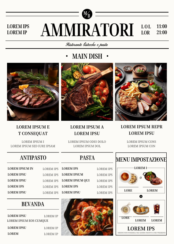 Menu di ristorante occidentale con linee nere e avorio e fotografia ...