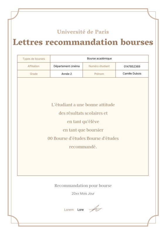 A propos de la lettre de recommandation simple pour une bourse d'études en brun et ivoire ...