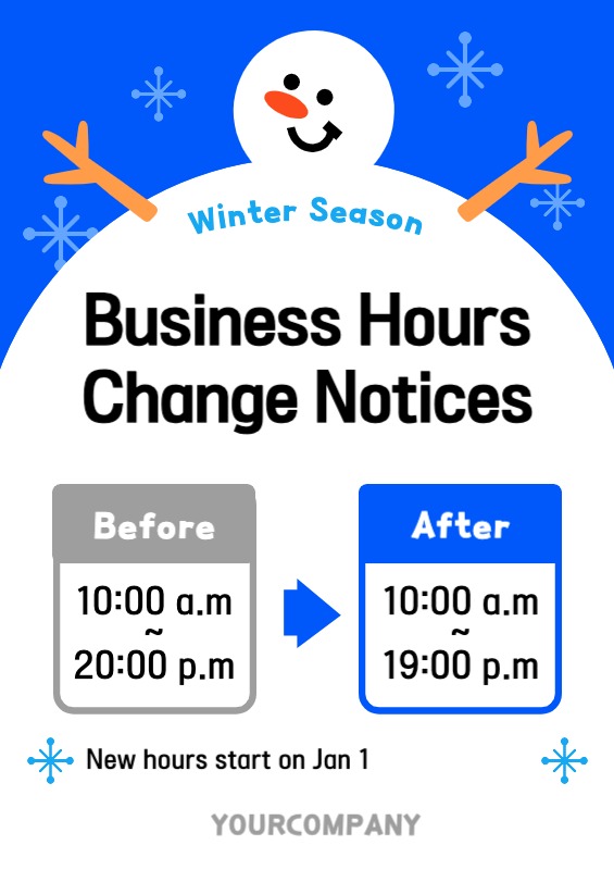 A kitschy blue and white business hours change announcement post ...