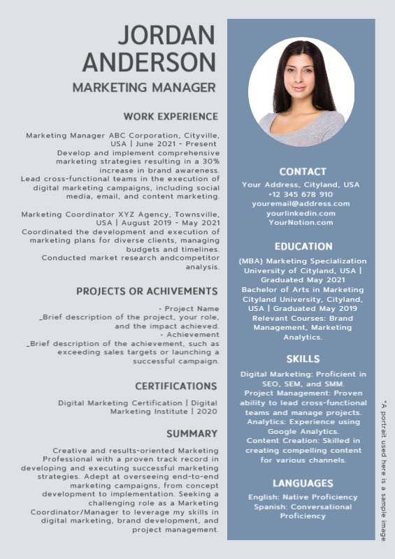 Blue and Grey Modern Marketing Manager Resume Introduction - MiriCanvas
