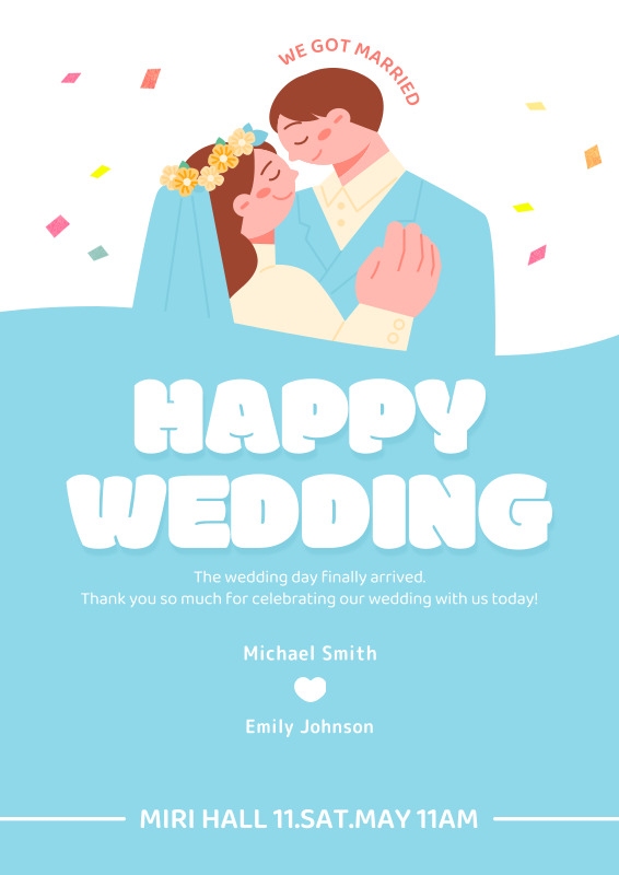 Wedding invitations with adorable bride and groom illustrations and ...