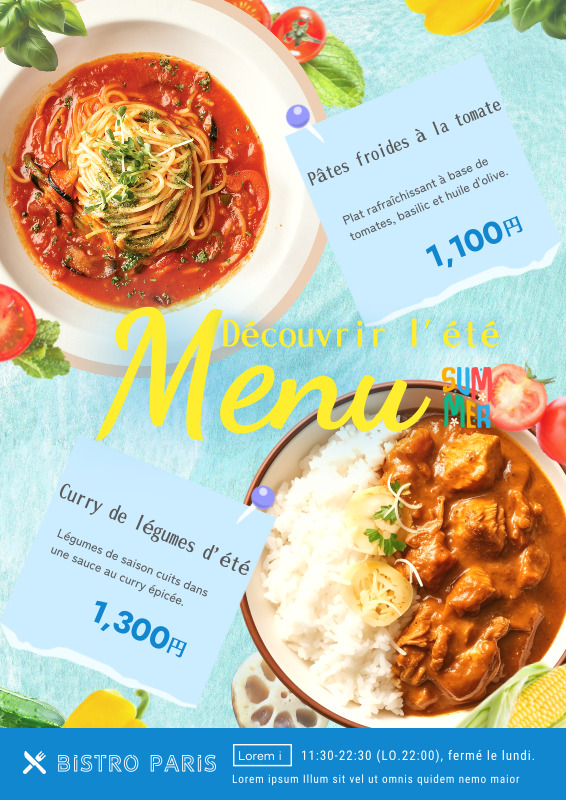 Annonces de menus saisonniers d'été, simples et frais, en bleu ...