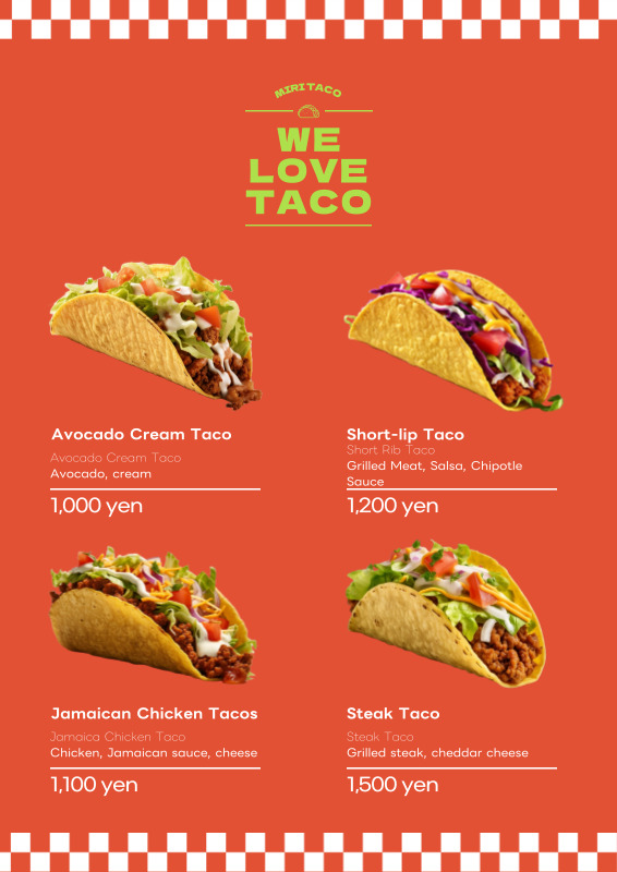 Taco restaurant menu with vivid orange colors, graphic elements, and ...