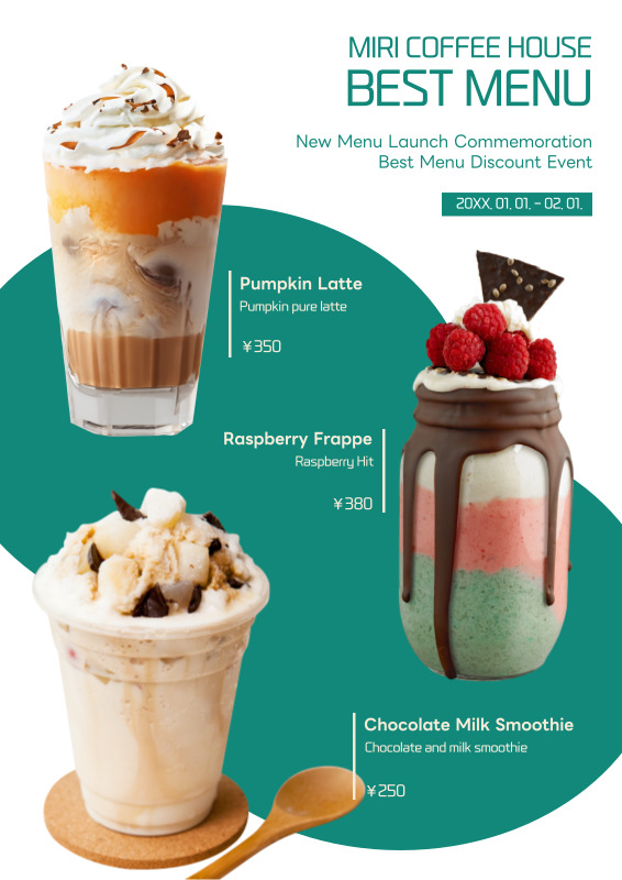 Promote a cute cafe menu with turquoise typography - MiriCanvas