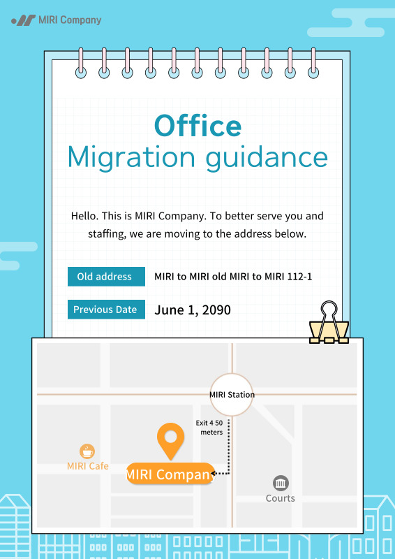 A simple company relocation announcement in light blue - MiriCanvas