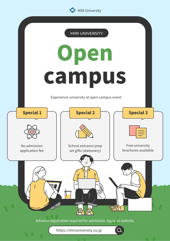 Trendy college open campus ad in light blue and green - MiriCanvas