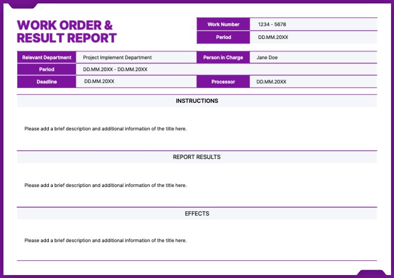 Simple purple and white file concept for work instructions and results ...
