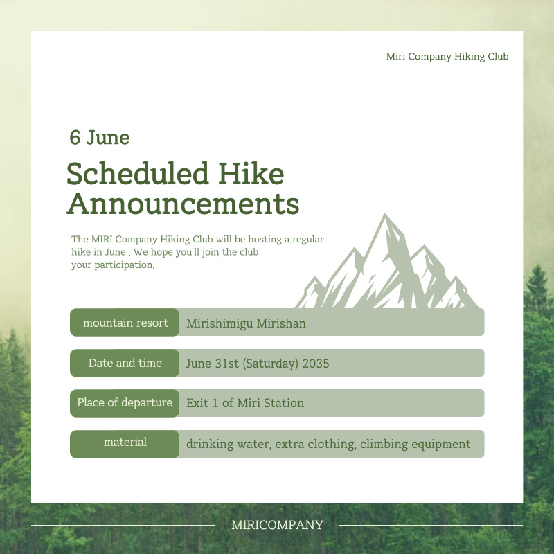 A simple green color theme for regular hike announcements - MiriCanvas