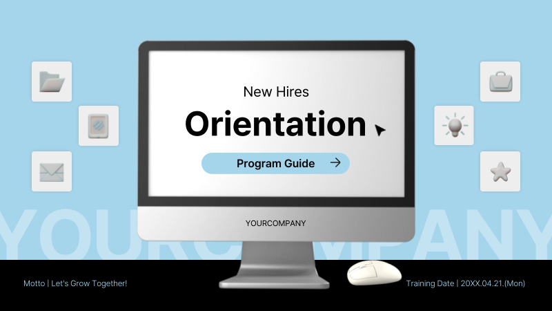 A simple corporate new hire orientation deck in light blue and black ...