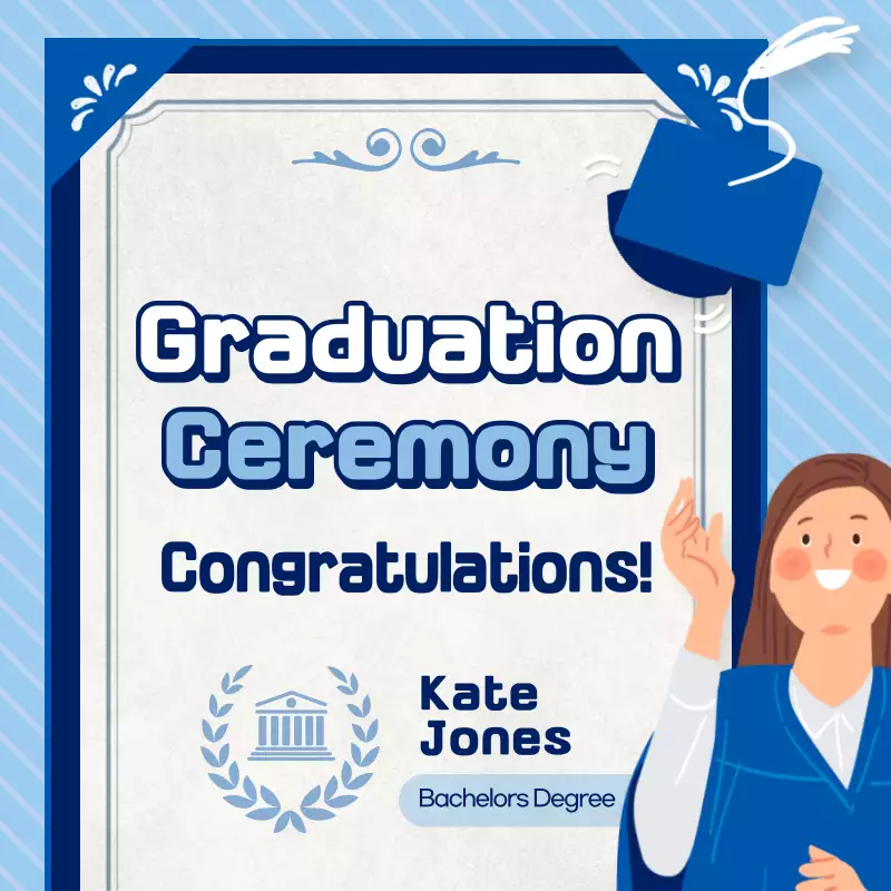 Graduation message with blue and light blue diplomas and graduates ...